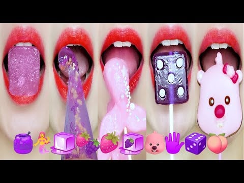 ASMR Pink & Purple Emoji Food Eating Sounds (kohakuto, honey jelly) 핑크 ...