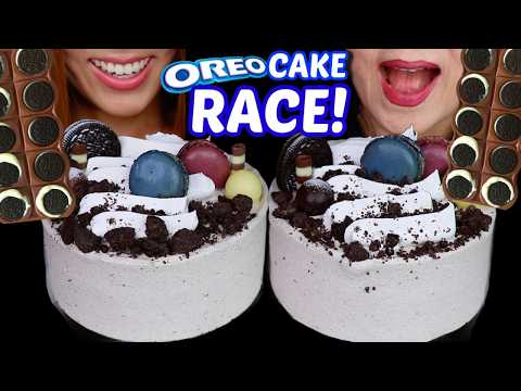 ASMR BIG OREO CHOCOLATE CAKE RACE! *big bites* soft eating sounds 먹방