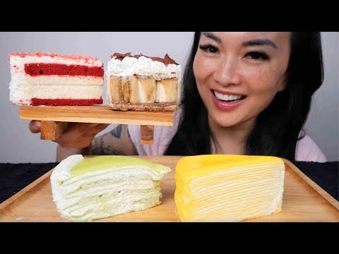 MANGO, COCONUT CREPE + RED VELVET + BANANA BANOFFEE CAKE) ASMR EATING ...