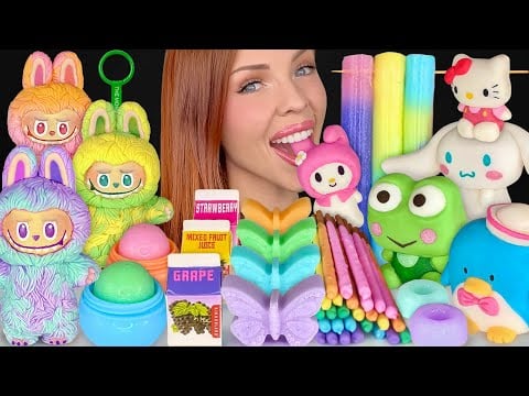 ASMR Labubu, Hello Kitty, Unicorn Lollipops Party #mukbang