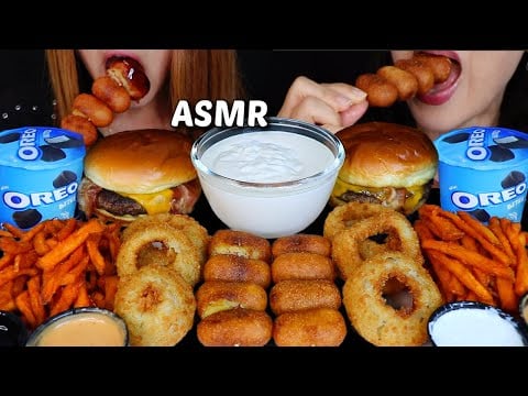 ASMR FRIED FOOD FEAST + OREO BITES ICE CREAM *CRUNCHY ONION RINGS, CORN ...